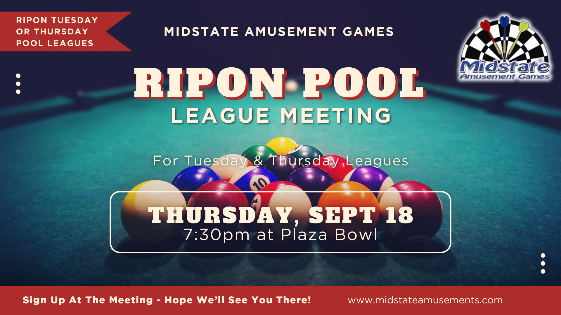 Ripon Tuesday & Thursday Pool League Meeting - Midstate Amusement Games